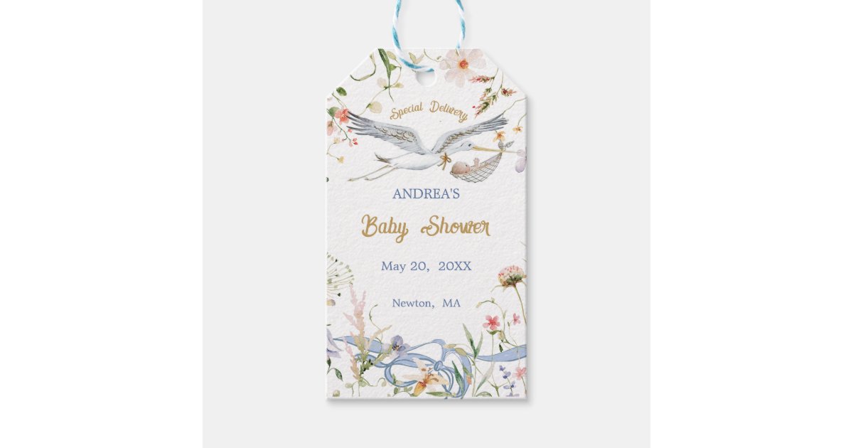 Stork Wildflower Ribbon Baby Shower Gift Tags | Zazzle
