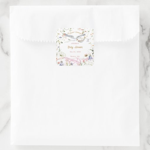 Stork Wildflower Ribbon Baby Shower Paper Square Sticker | Zazzle