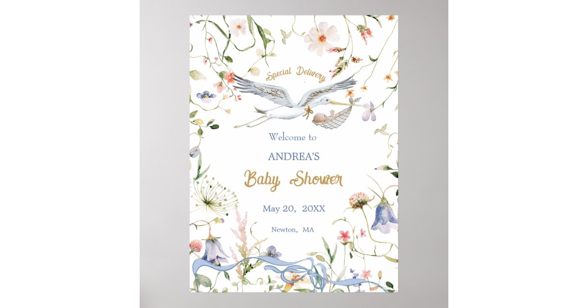Stork Wildflower Ribbon Baby Shower Welcome Poster | Zazzle