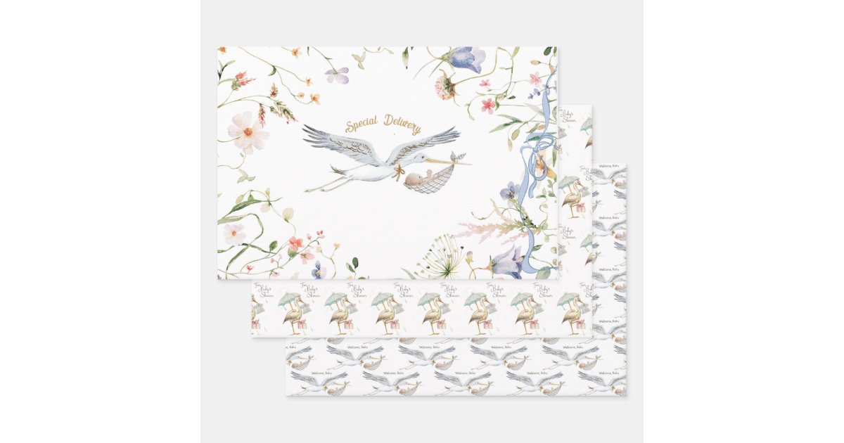 Stork Wildflower Ribbon Baby Shower Wrapping Paper Sheets | Zazzle
