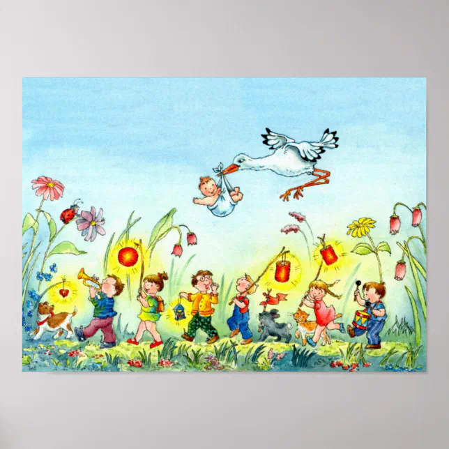 Stork with Baby - Nursery Poster | Zazzle