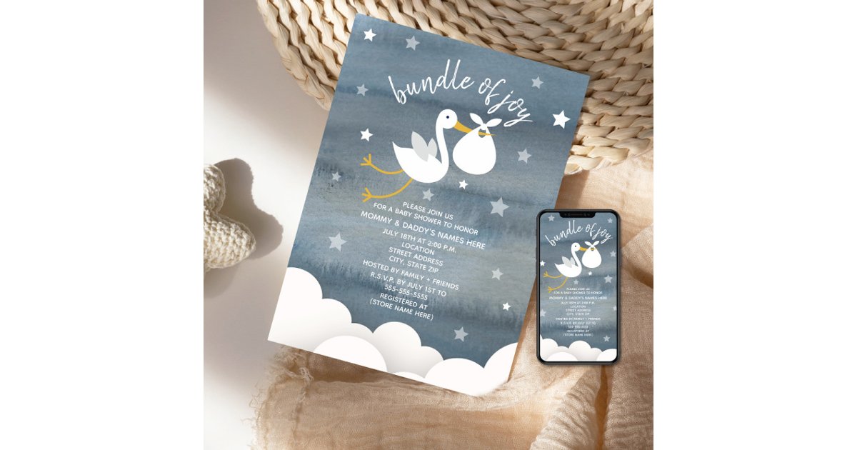 Stork With White Bundle Stars Baby Shower Invitation | Zazzle