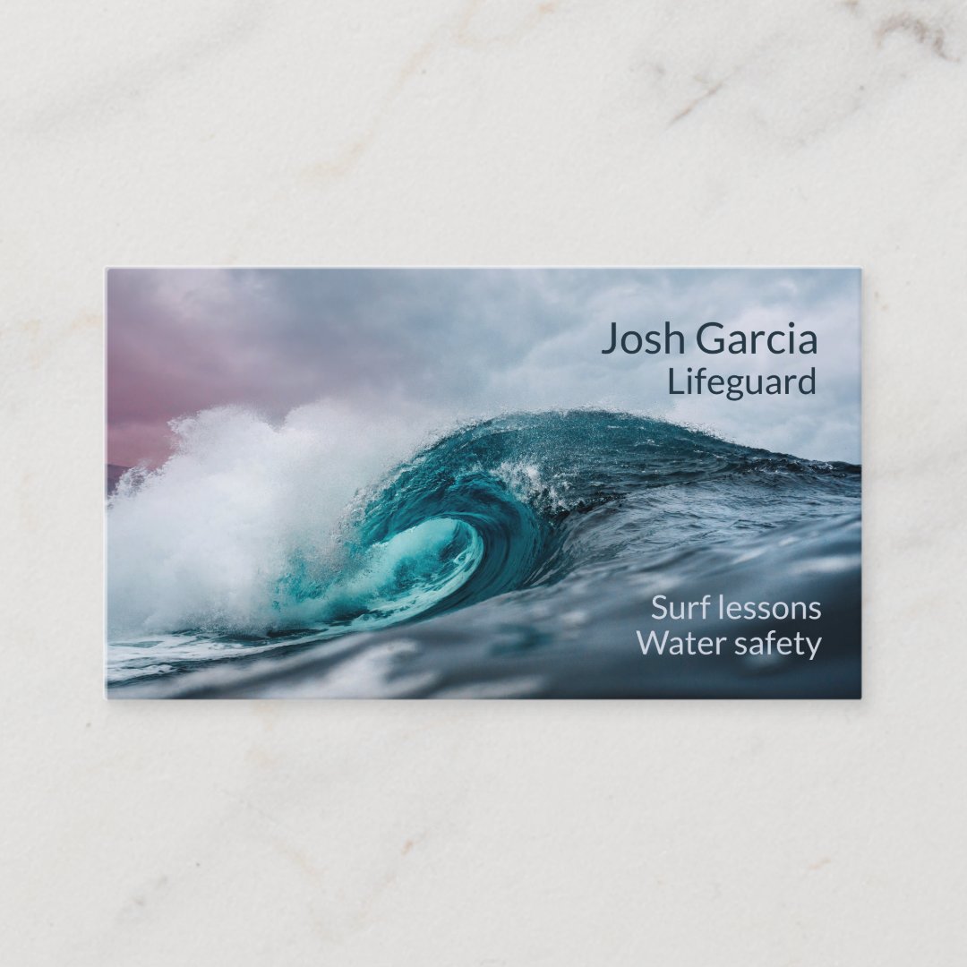 Stormy Teal Blue Ocean Wave Lifeguard Surf Lessons Business Card | Zazzle