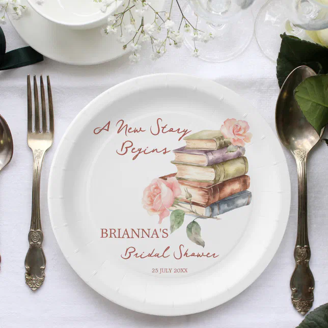 Story book new chapter bridal shower printed paper plates | Zazzle