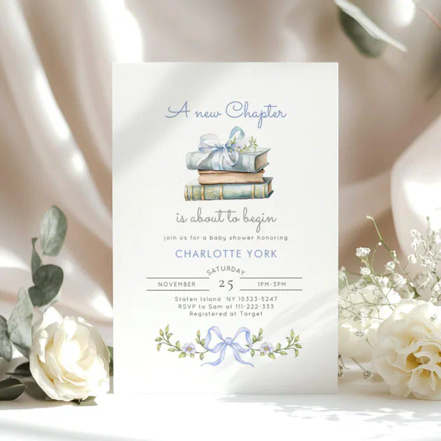 Storybook Blue Bow New Chapter Baby boy Shower Invitation | Zazzle