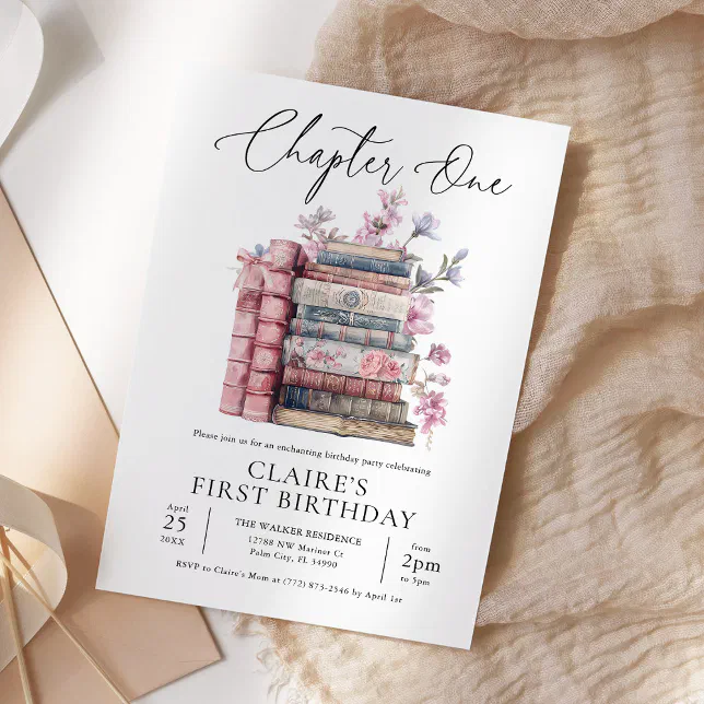 Storybook Coquette Book Chapter One First Birthday Invitation | Zazzle