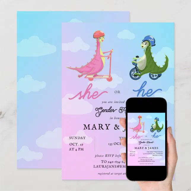Storybook Cute Dinosaurs Gender Reveal Party Invitation | Zazzle