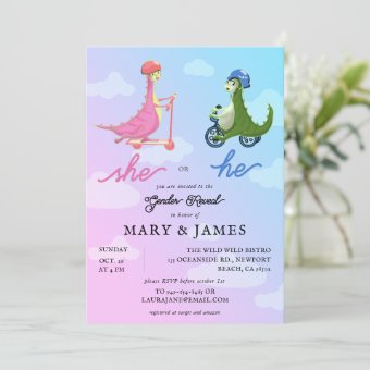 Storybook Cute Dinosaurs Gender Reveal Party Invitation | Zazzle