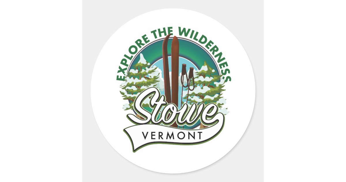 Stowe Vermont ,Explore the Wilderness ski poster. Classic Round Sticker | Zazzle