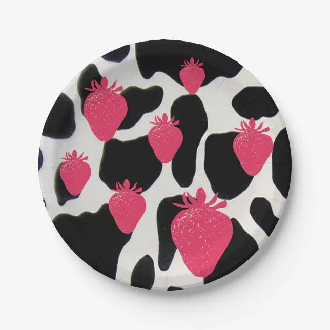 Strawberries on Cow Print Paper Plate | Zazzle