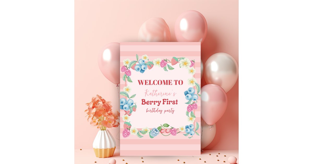 Strawberry 1st Berry Sweet Birthday Welcome Sign | Zazzle