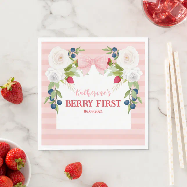 Strawberry 1st Berry Sweet Birthday Welcome Sign Napkins | Zazzle
