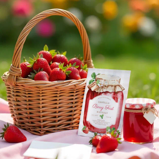 Strawberry 1st Birthday, Berry First, Berry Jam Invitation | Zazzle