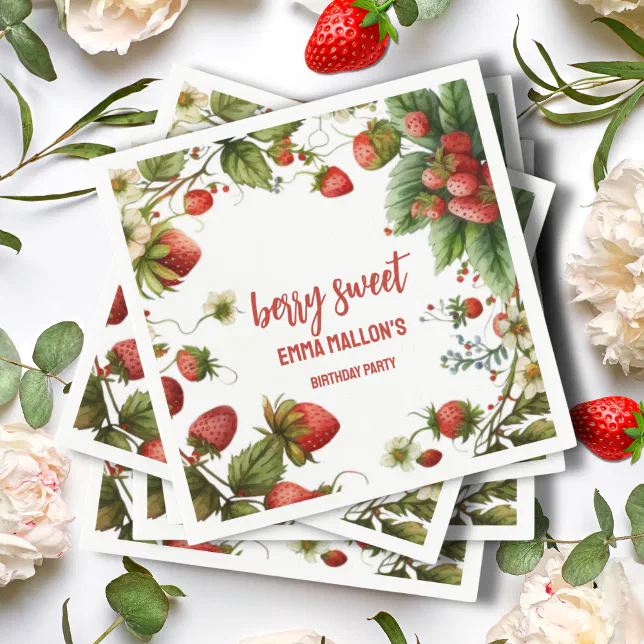 Strawberry 1st Birthday Berry First Napkins | Zazzle