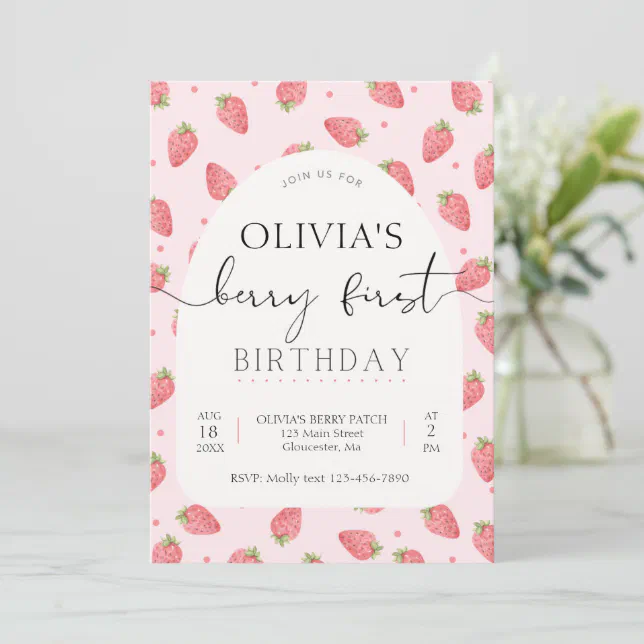 Strawberry 1st Birthday Berry First Photo Invitation | Zazzle