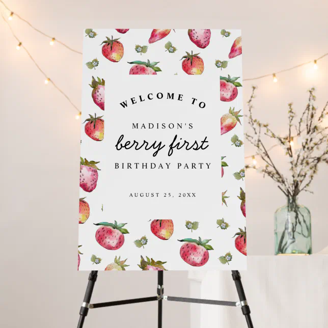 Strawberry 1st Birthday Berry First Welcome Sign | Zazzle