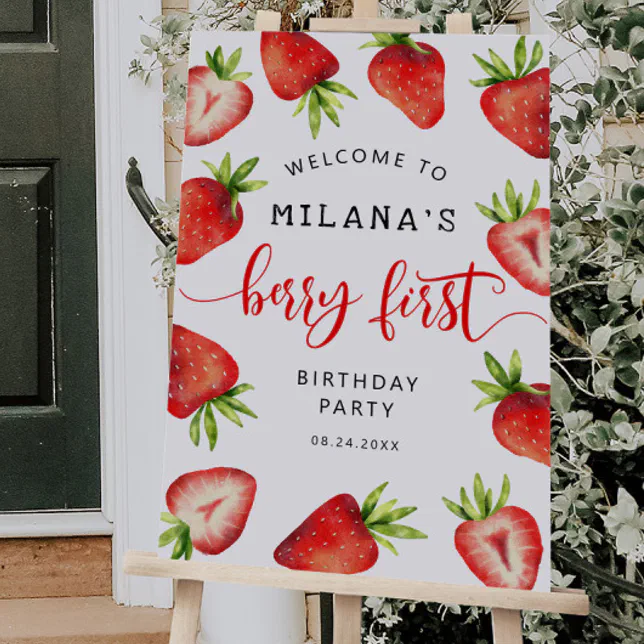 Strawberry 1st Birthday Berry First Welcome Sign | Zazzle