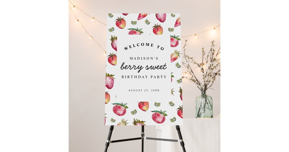 Strawberry 1st Birthday Berry Sweet Welcome Sign | Zazzle