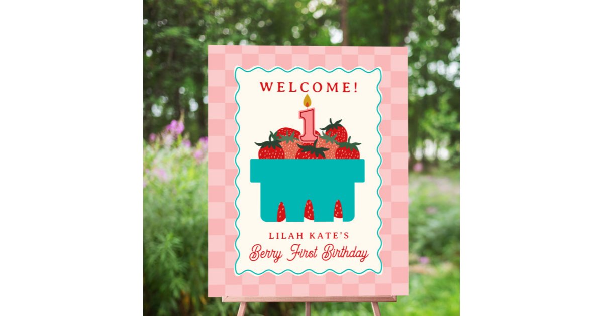 Strawberry 1st Birthday Checker Basket Welcome Foam Board | Zazzle