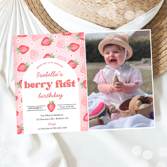 Strawberry 1st Birthday Invite Berry First Sweet | Zazzle
