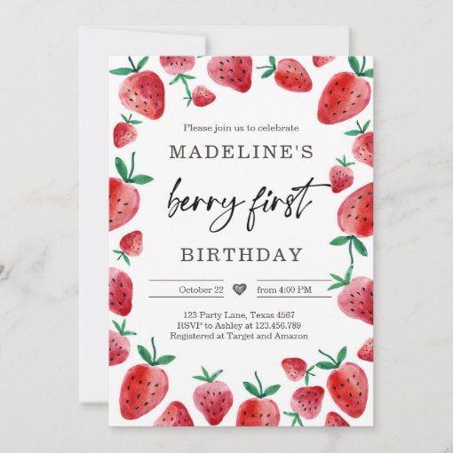 Strawberry 1st Birthday Invite First Berry Sweet | Zazzle