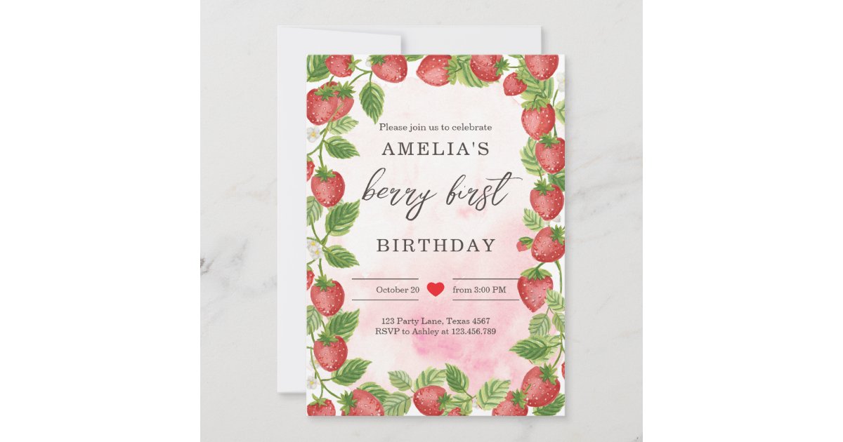 Strawberry 1st Birthday Invite First Berry Sweet | Zazzle