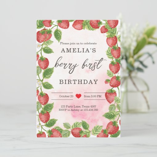 Strawberry 1st Birthday Invite First Berry Sweet | Zazzle