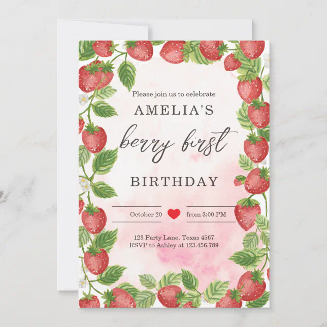Strawberry 1st Birthday Invite First Berry Sweet | Zazzle