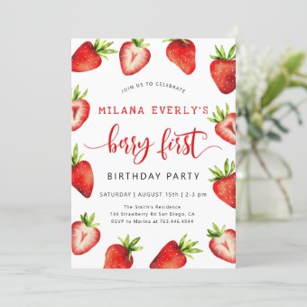 Strawberry 1st Birthday Party | Berry First Invitation | Zazzle