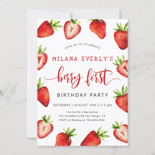 Strawberry 1st Birthday Party | Berry First Invitation | Zazzle