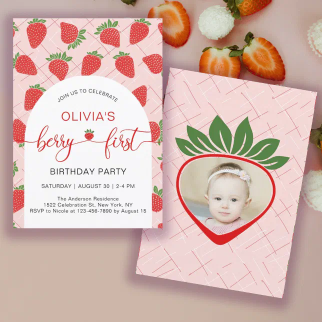 Strawberry 1st Birthday Party Berry First Invitation | Zazzle