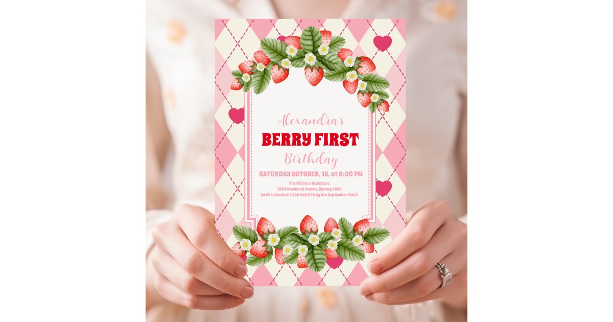 Strawberry 1st Birthday Party Berry First Invitation | Zazzle