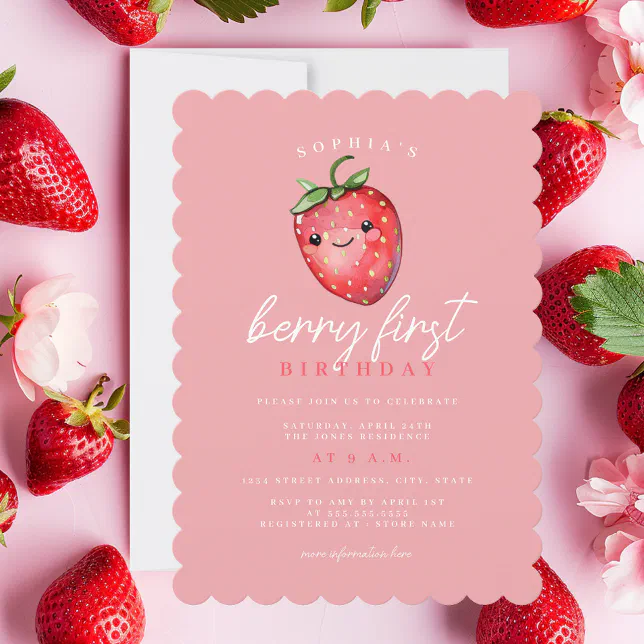 Strawberry 1st Birthday Party Berry First Invitation | Zazzle