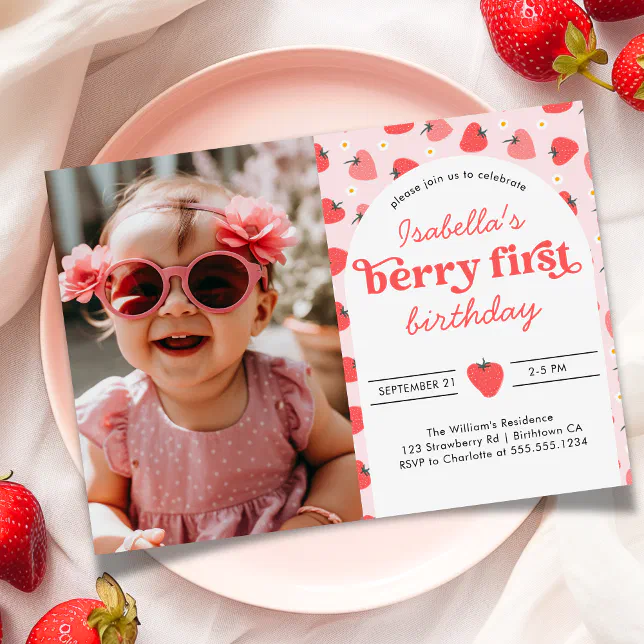 Strawberry 1st Birthday Party Berry First Invitation | Zazzle