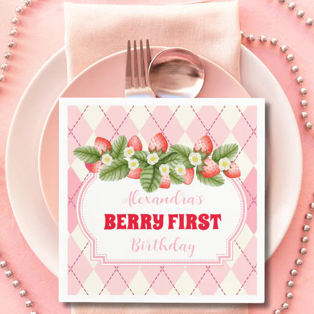 Strawberry 1st Birthday Party Berry First Napkins | Zazzle