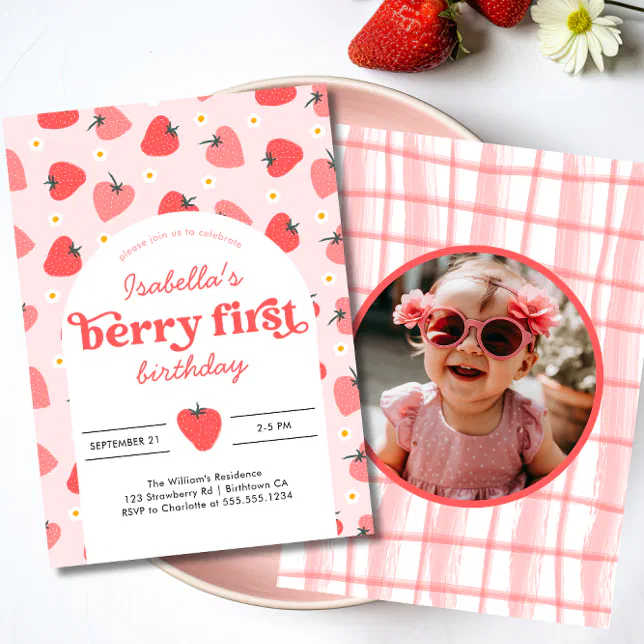 Strawberry 1st Birthday Party Berry First Photo Invitation | Zazzle