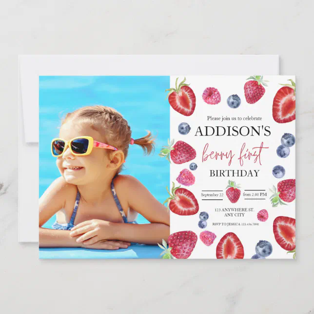 Strawberry 1st Birthday Party Berry First Photo Invitation | Zazzle