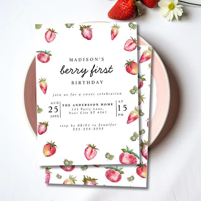 Strawberry 1st Birthday Party Berry First Sweet Invitation | Zazzle