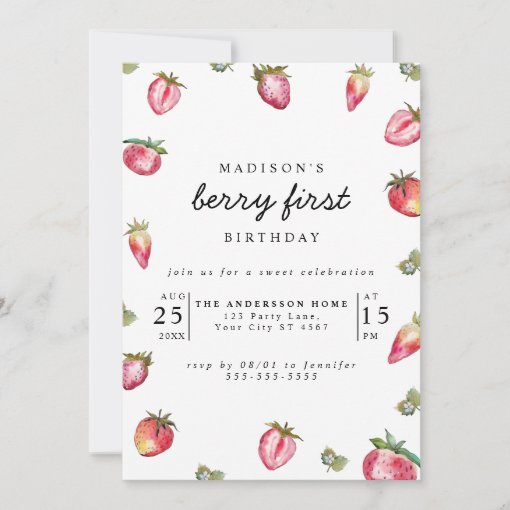 Strawberry 1st Birthday Party Berry First Sweet Invitation | Zazzle