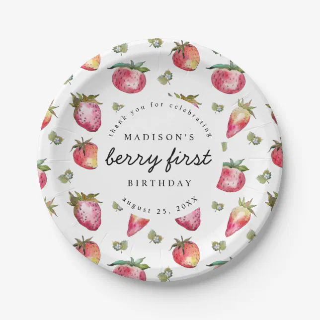Strawberry 1st Birthday Party Berry First Sweet Paper Plates | Zazzle