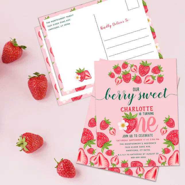 Strawberry 1st Birthday Party Berry Sweet Pink Postcard | Zazzle