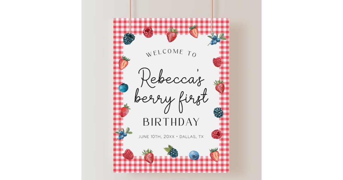 Strawberry 1st Birthday Welcome Sign Berry First | Zazzle