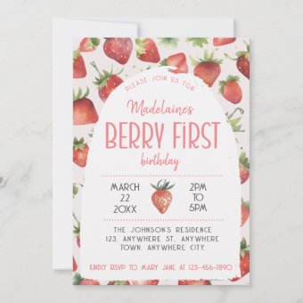 Strawberry 1st Photo Berry First Birthday Invitation | Zazzle