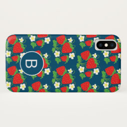 Strawberry and Flower Blue Pattern Monogrammed Case-Mate iPhone Case ...