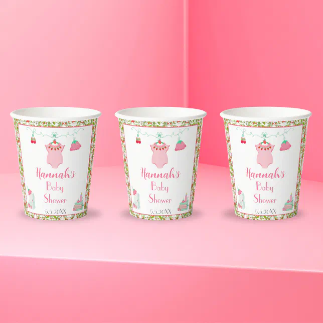 Strawberry Baby Outfit With Pattern Baby Shower Paper Cups | Zazzle