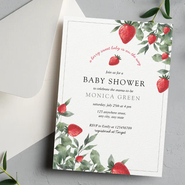 Strawberry Baby Shower | Berry Sweet Baby Greenery Invitation | Zazzle