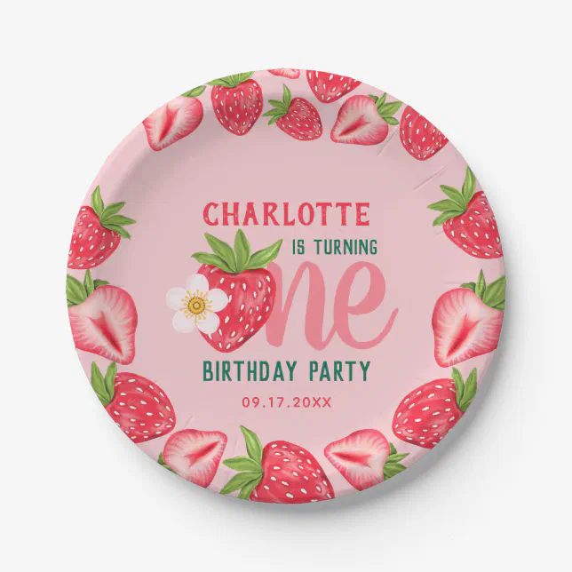 Strawberry Baby Turning One 1st Birthday Party Paper Plates | Zazzle