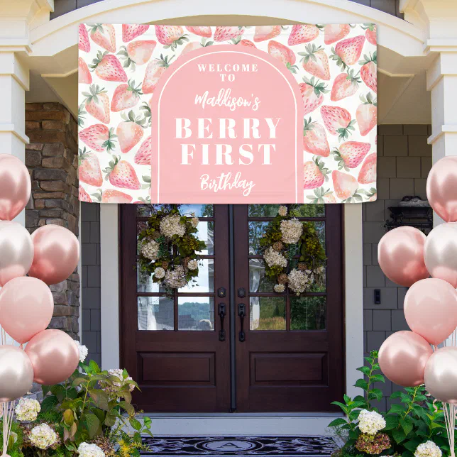 Strawberry Berry First 1st Birthday Party Welcome Banner | Zazzle