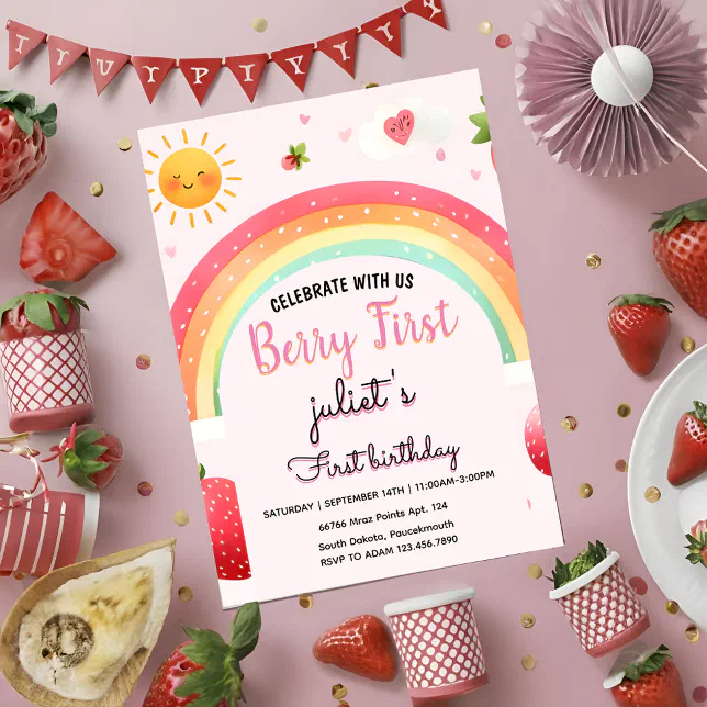 strawberry berry First 1st party birthday Invitation | Zazzle