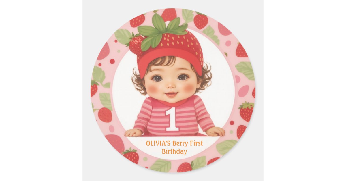 Strawberry Berry First Birthday Classic Round Stic Classic Round ...